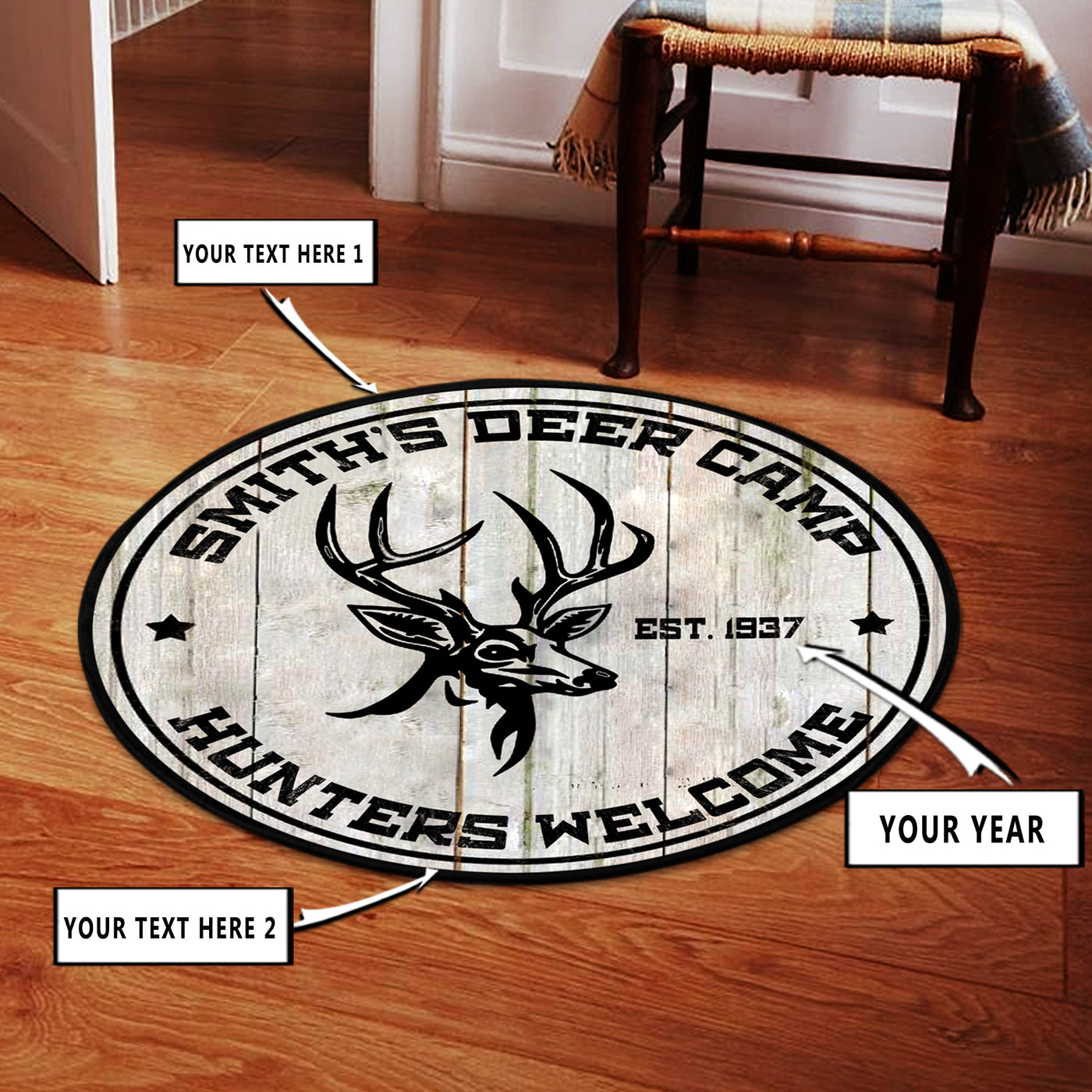 Personalized Hunting Deer Welcome Round Rug, Carpet - Bluefink