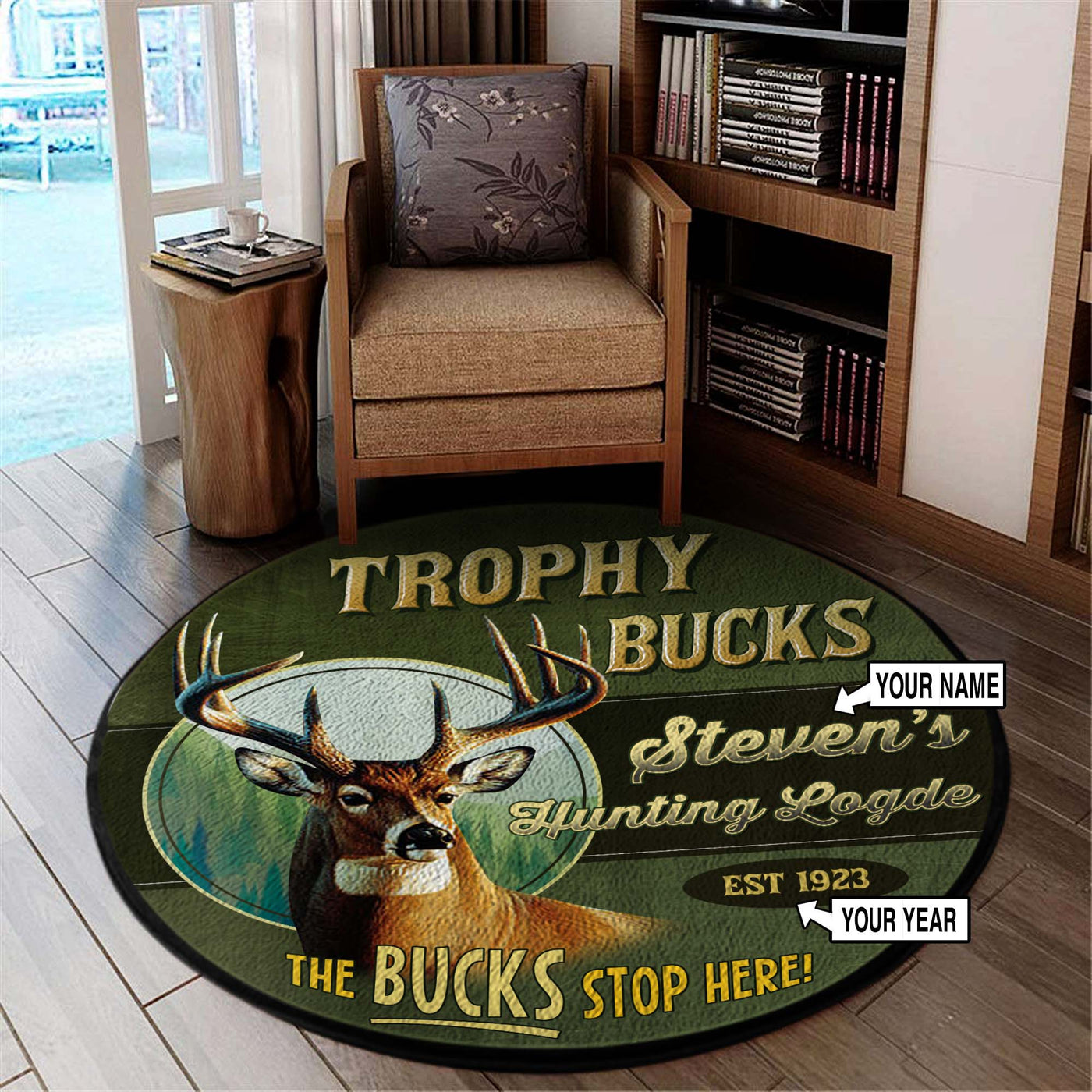 Personalized Hunting Lodge Trophy Buck Round Rug, Carpet - Bluefink