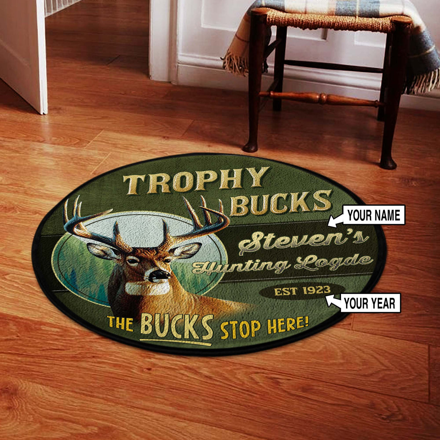 Personalized Hunting Lodge Trophy Buck Round Rug, Carpet - Bluefink