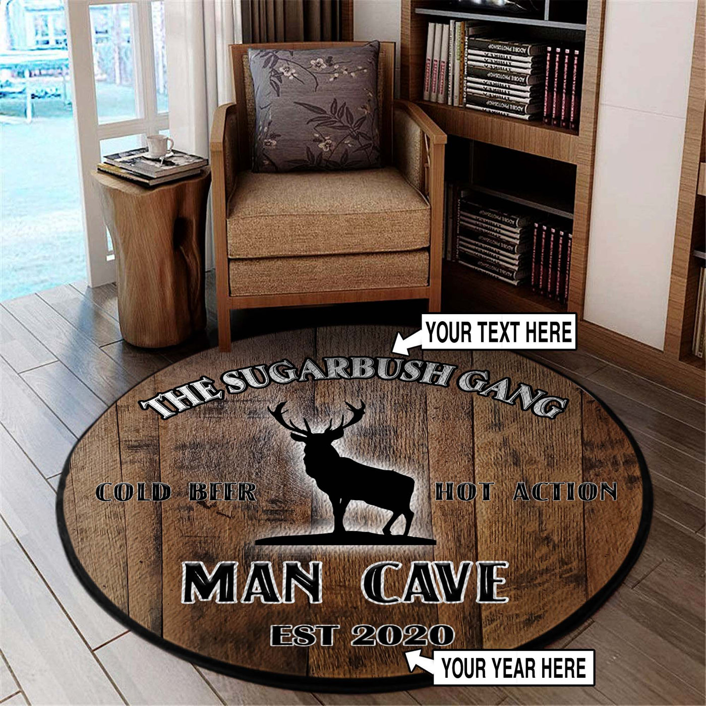 Personalized Man Cave Welcome Round Rug, Carpet - Bluefink