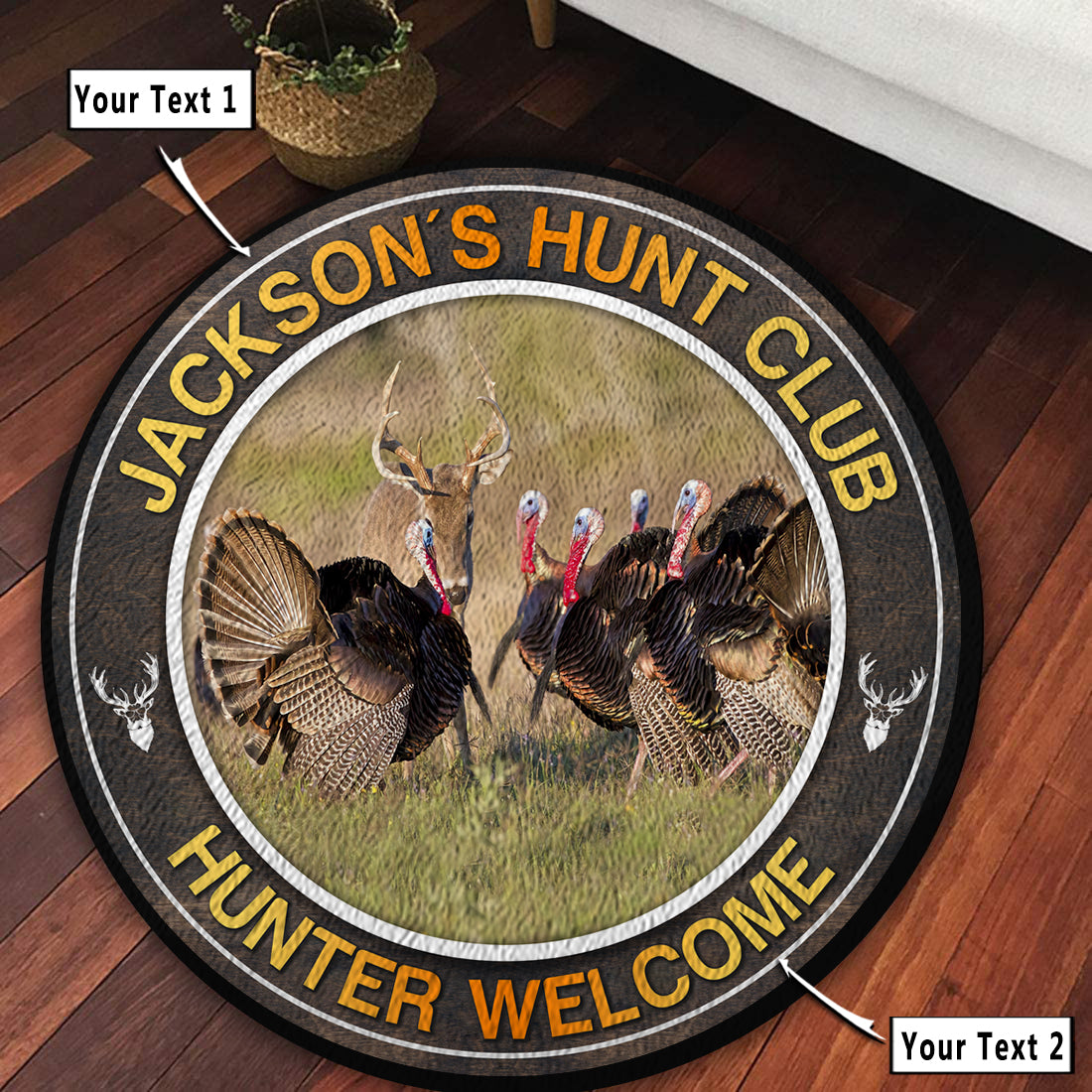 Personalized Turkey and Deer Hunting Round Rug, Carpet - Bluefink