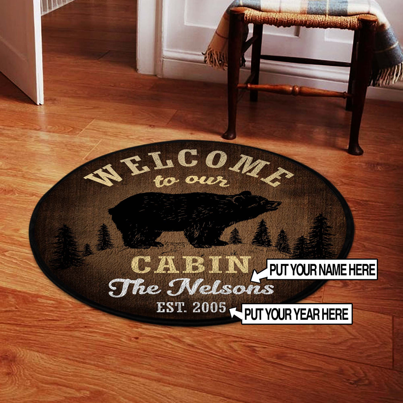 Personalized Welcome To Our Cabin Round Rug, Carpet - Bluefink