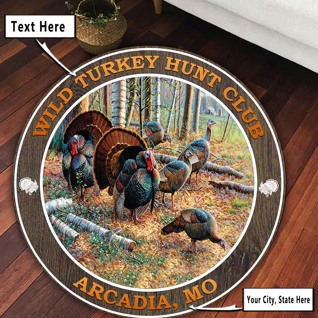 Personanlized Turkey Hunting Welcome Round Rug, Carpet - Bluefink