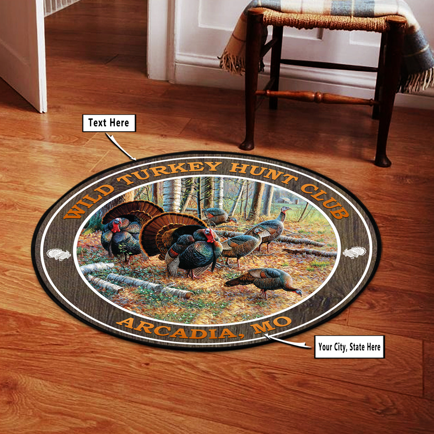 Personanlized Turkey Hunting Welcome Round Rug, Carpet - Bluefink