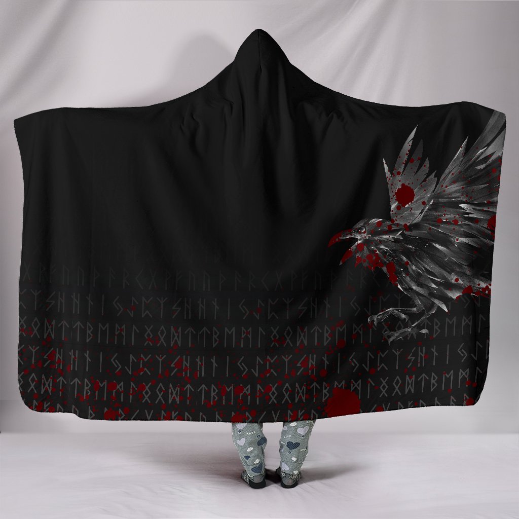 The Raven Of Odin Rune Blood Viking Hooded Blanket - Bluefink