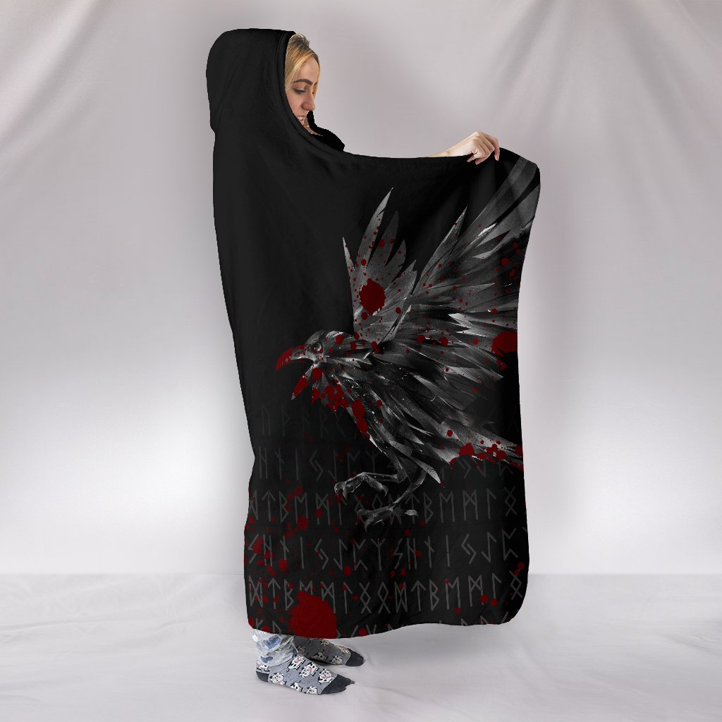 The Raven Of Odin Rune Blood Viking Hooded Blanket - Bluefink