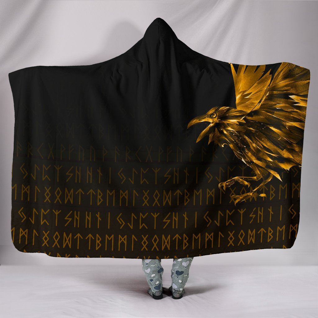 The Raven Of Odin Rune Gold Viking Hooded Blanket - Bluefink