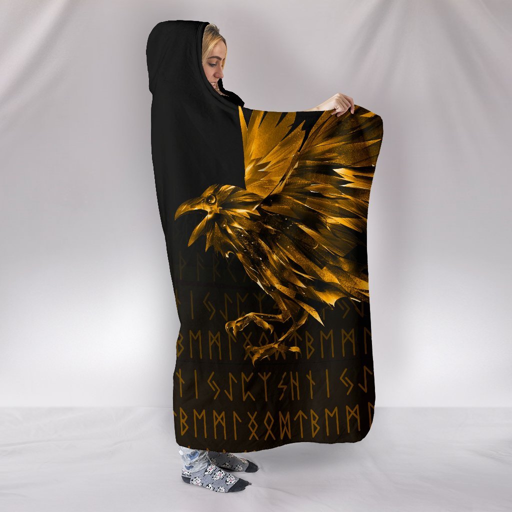 The Raven Of Odin Rune Gold Viking Hooded Blanket - Bluefink