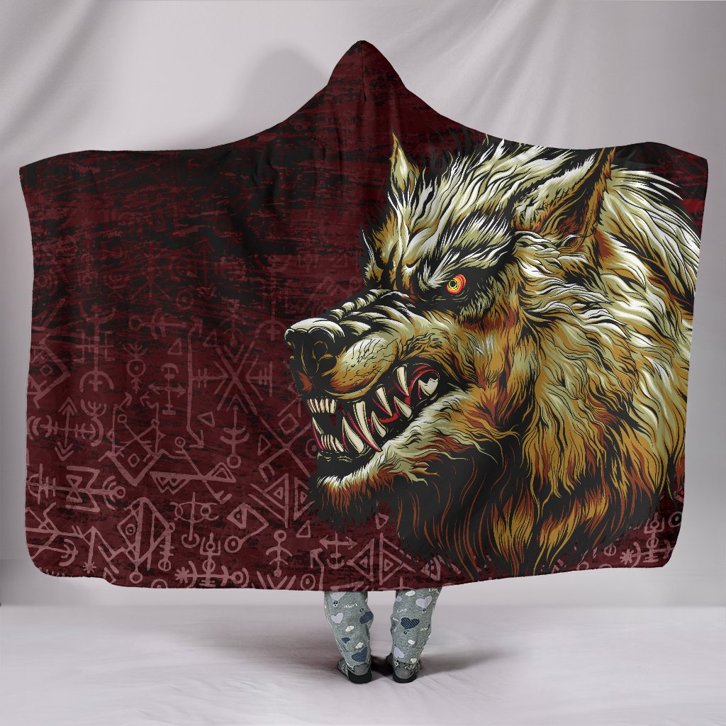 Viking Style Hooded Blanket, Fenrir On The Blood Moon Background - Bluefink