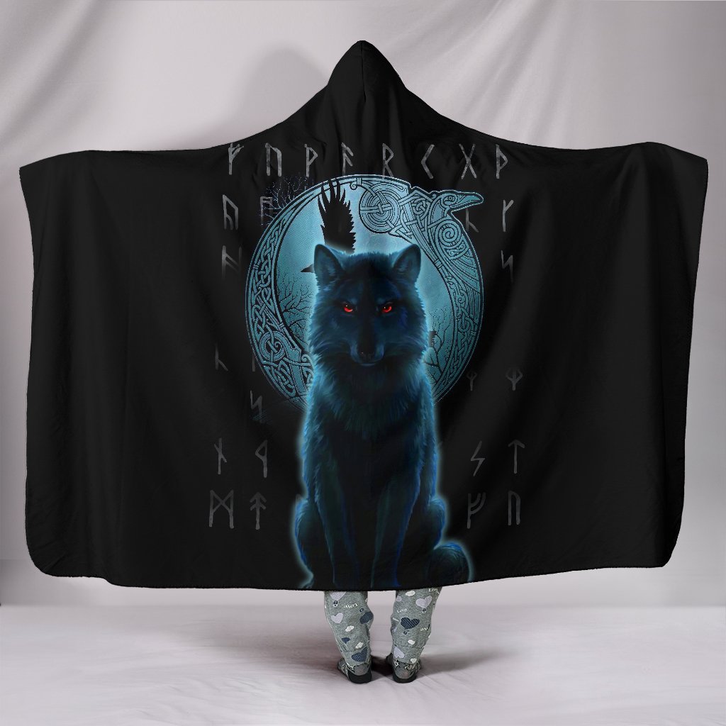 Viking Style Hooded Blanket, Fenrir Viking Wolfnd Moon - Bluefink