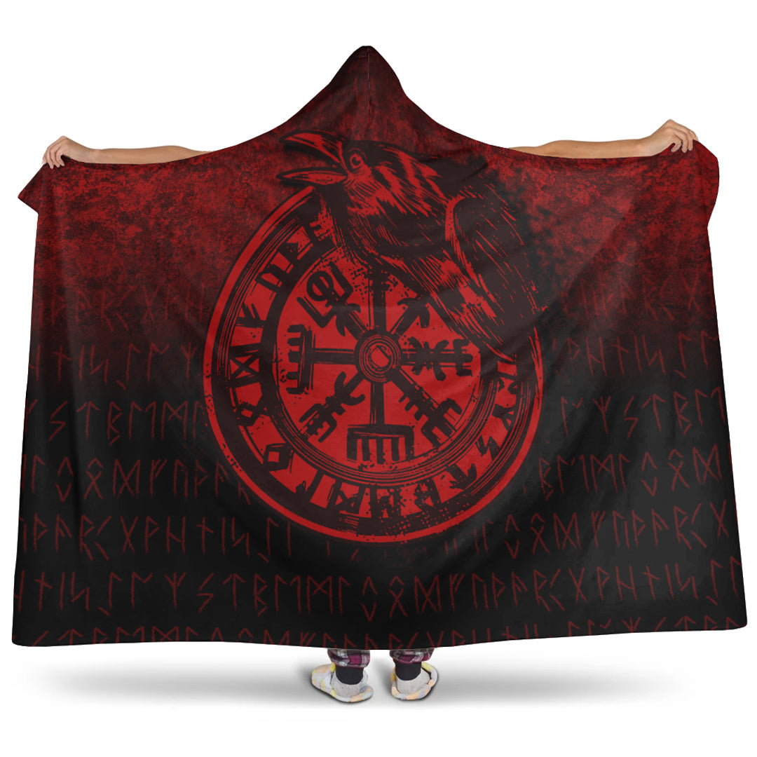 Viking Vegvisir Rune with Crow Red Version Hooded Blanket - Bluefink