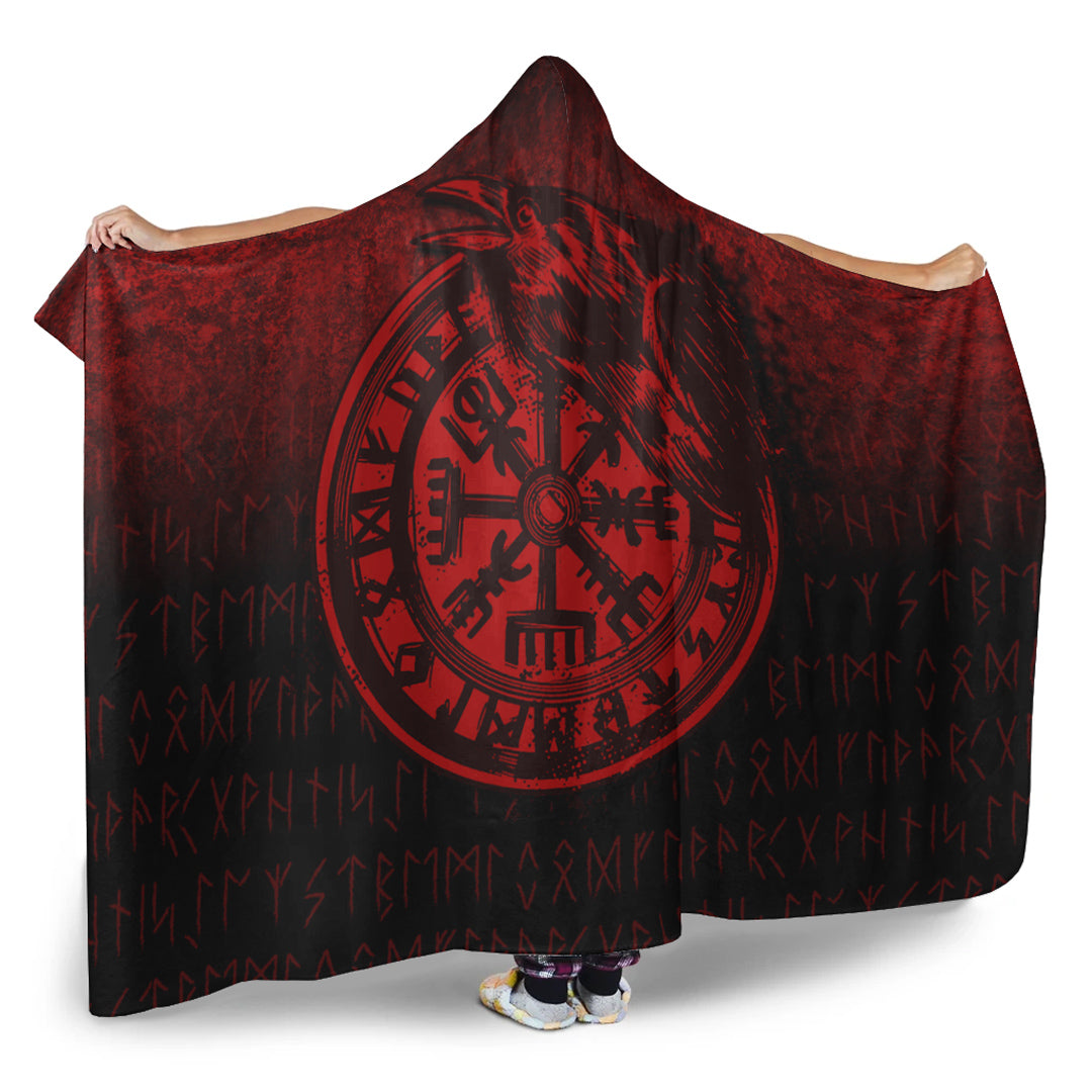 Viking Vegvisir Rune with Crow Red Version Hooded Blanket - Bluefink