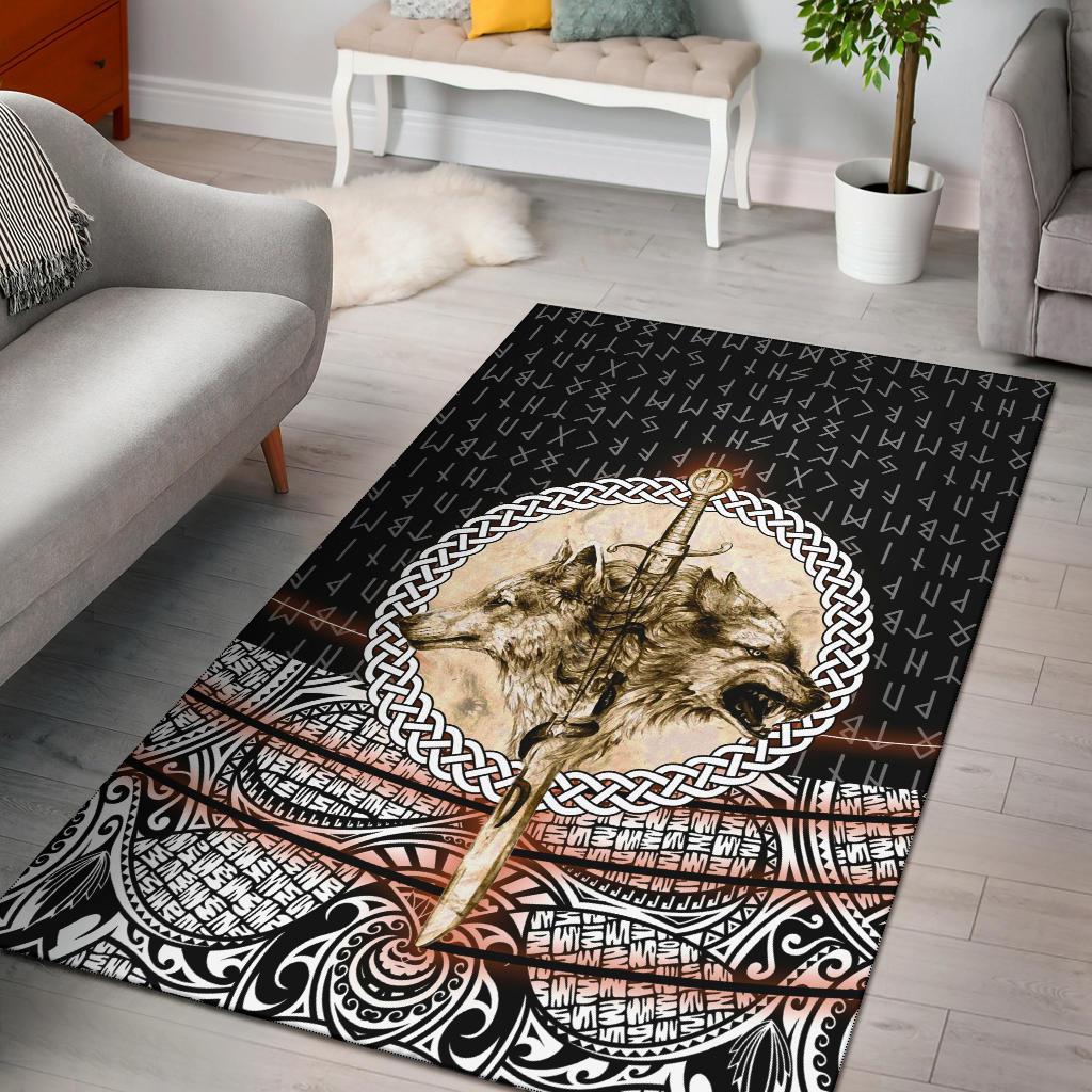 Viking Style Area Rug - Wolf And Vikings Tattoo Area Rug - Bluefink