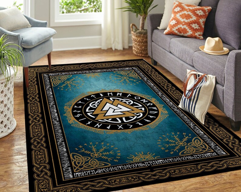 Vintage Viking Valknut Rune Vikingorse Mythology Viking Area Rug - Bluefink