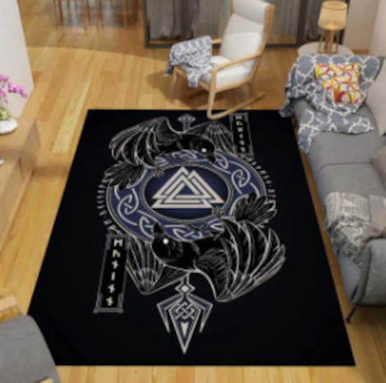 Raven And Valknut Sigil Runes Viking Rug in Norse Mythology - Bluefink