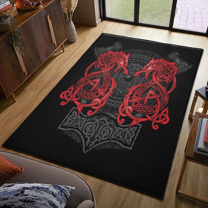 Fenrir Shield Axe Hammer Viking Area Rug - Bluefink