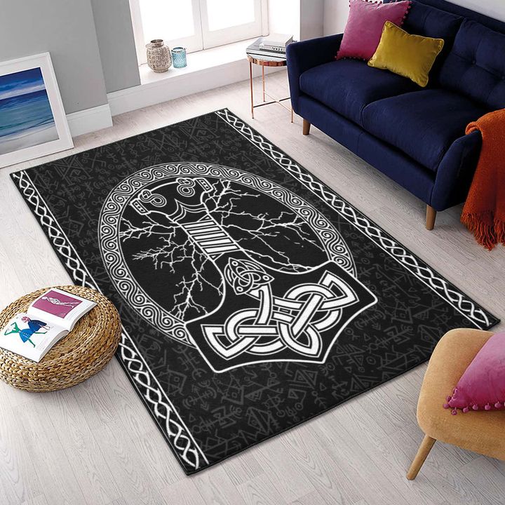 Viking Mjolnir Tree Of Life Futhark Norse Area Rug - Bluefink