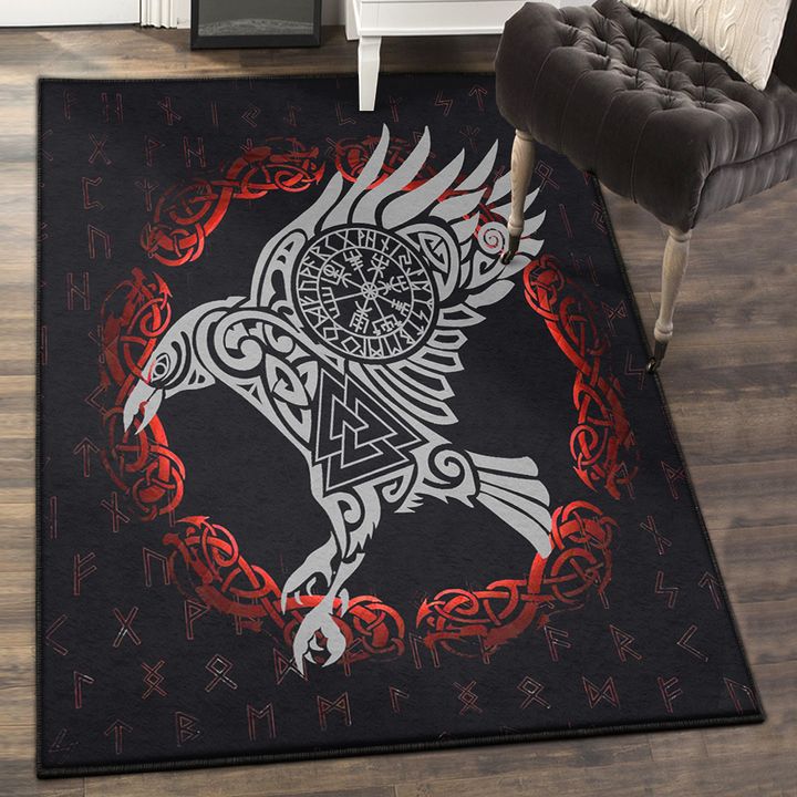 Viking God Modern Area Rugs, Viking Raven Old Rune Rug - Bluefink
