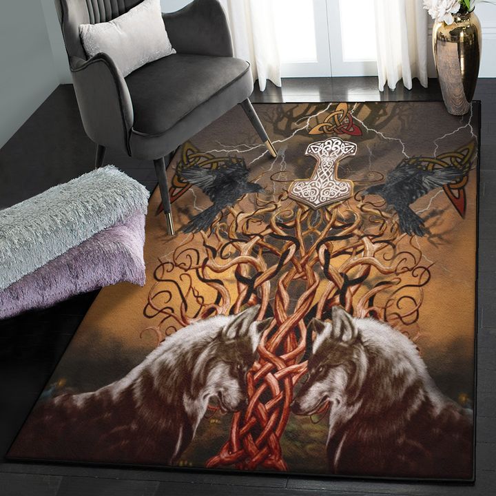 Viking Tree Of Life Mjolnir Fenrir Raven Rug, Viking Modern Rugs - Bluefink