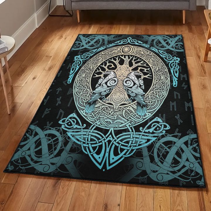 Viking God Area Rug, Viking Odin'S Raven Yggdrasil Rune Rug ...