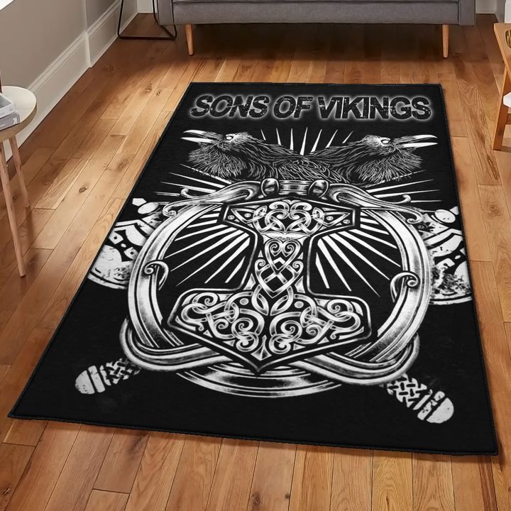 Sons of Vikings Area Rugs, Hammer Raven Viking Rug Personalized Carpet ...