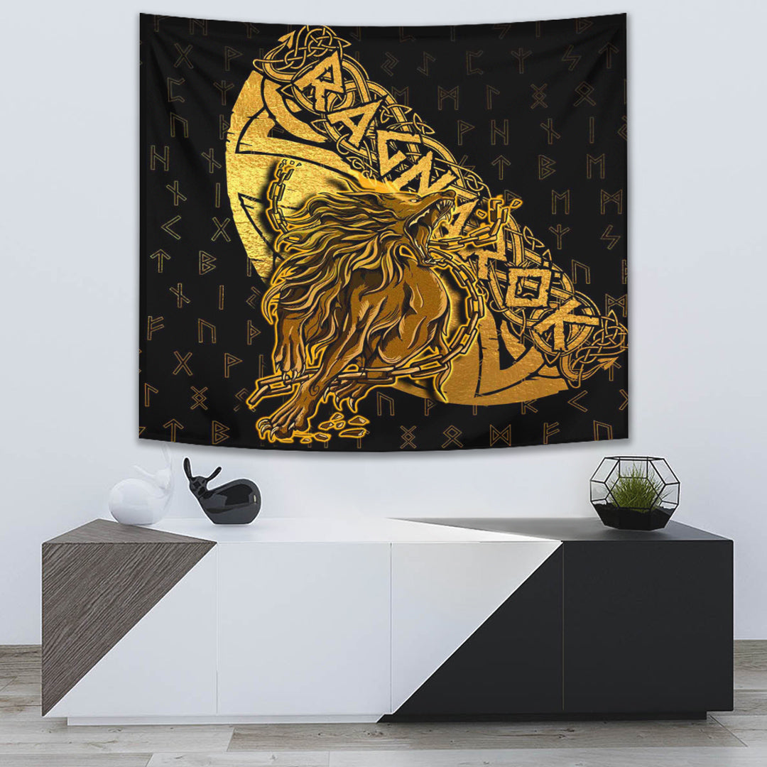 Fenrir Ragnarok Gold Tapestry for Wall Décor - Bluefink