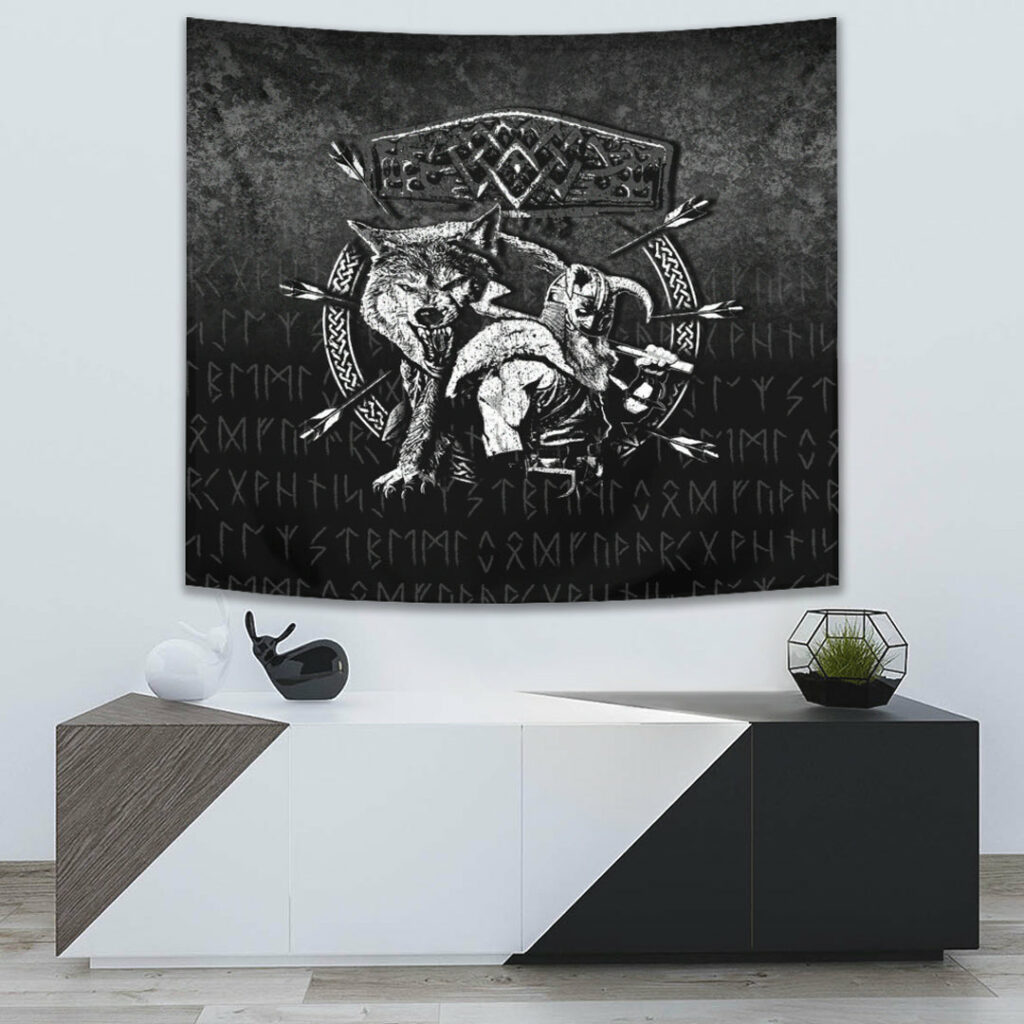 Fenrir Wolf Of Odin Norse Runes Thor Hammer Mjolnir Tapestry for Wall ...