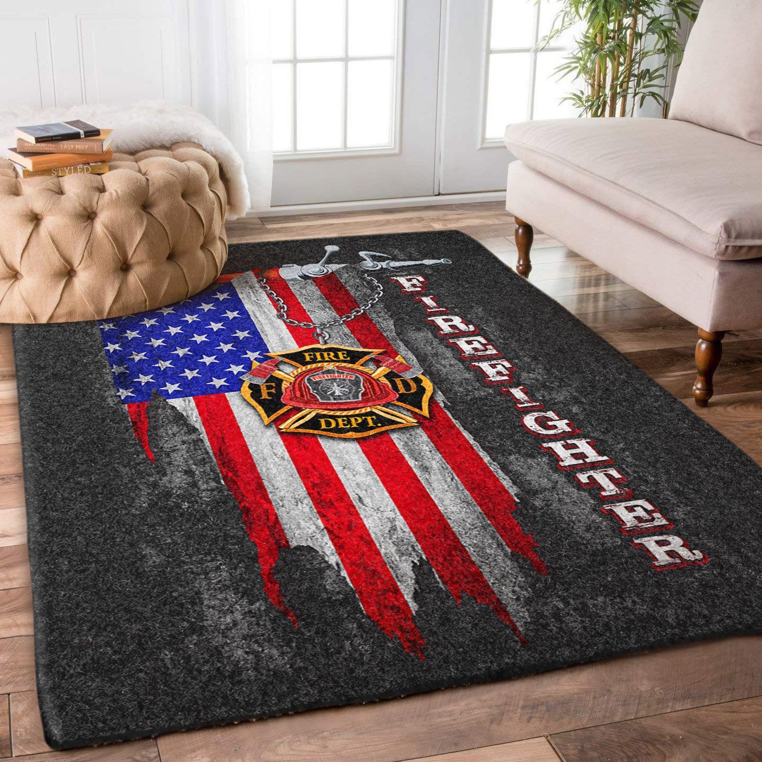 Firefighter Usa Flag with Fire Department Logo Rugs, Firefighter Area ...