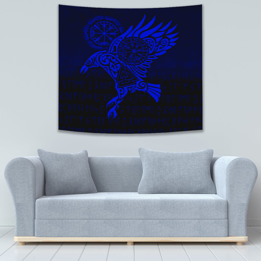 Raven Vegvisir Tattoo Blue Version Tapestry for Wall Décor - Bluefink