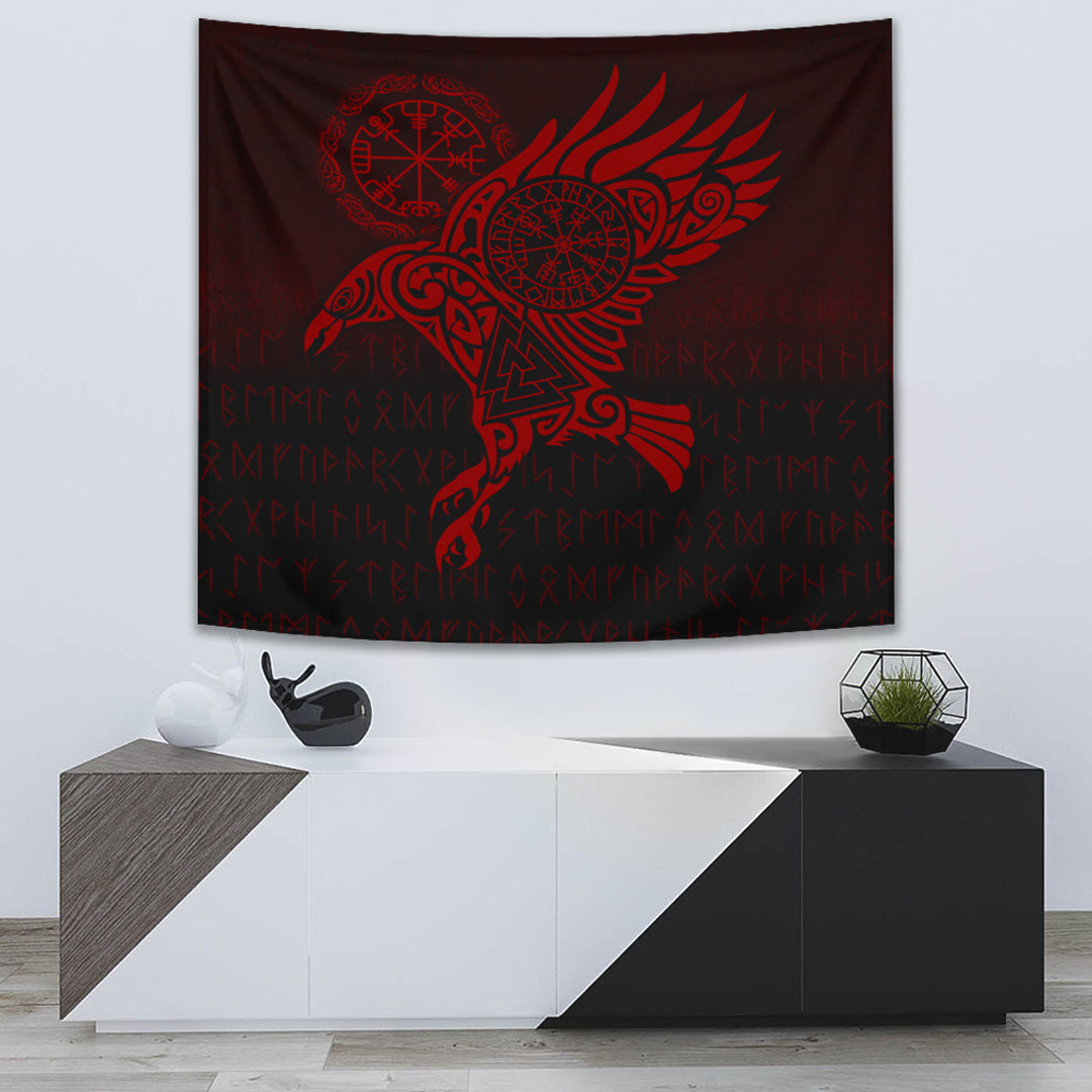 Raven Vegvisir Tattoo Red Version Tapestry for Wall Décor - Bluefink