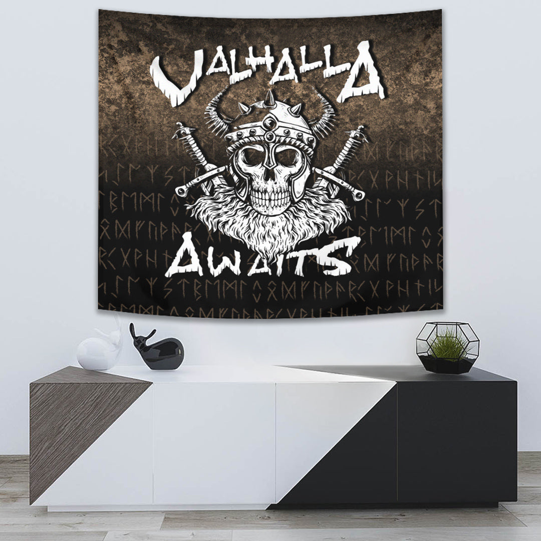 Valhalla Awaits Viking Skull Warrior Axe Tapestry Wall Décor - Bluefink