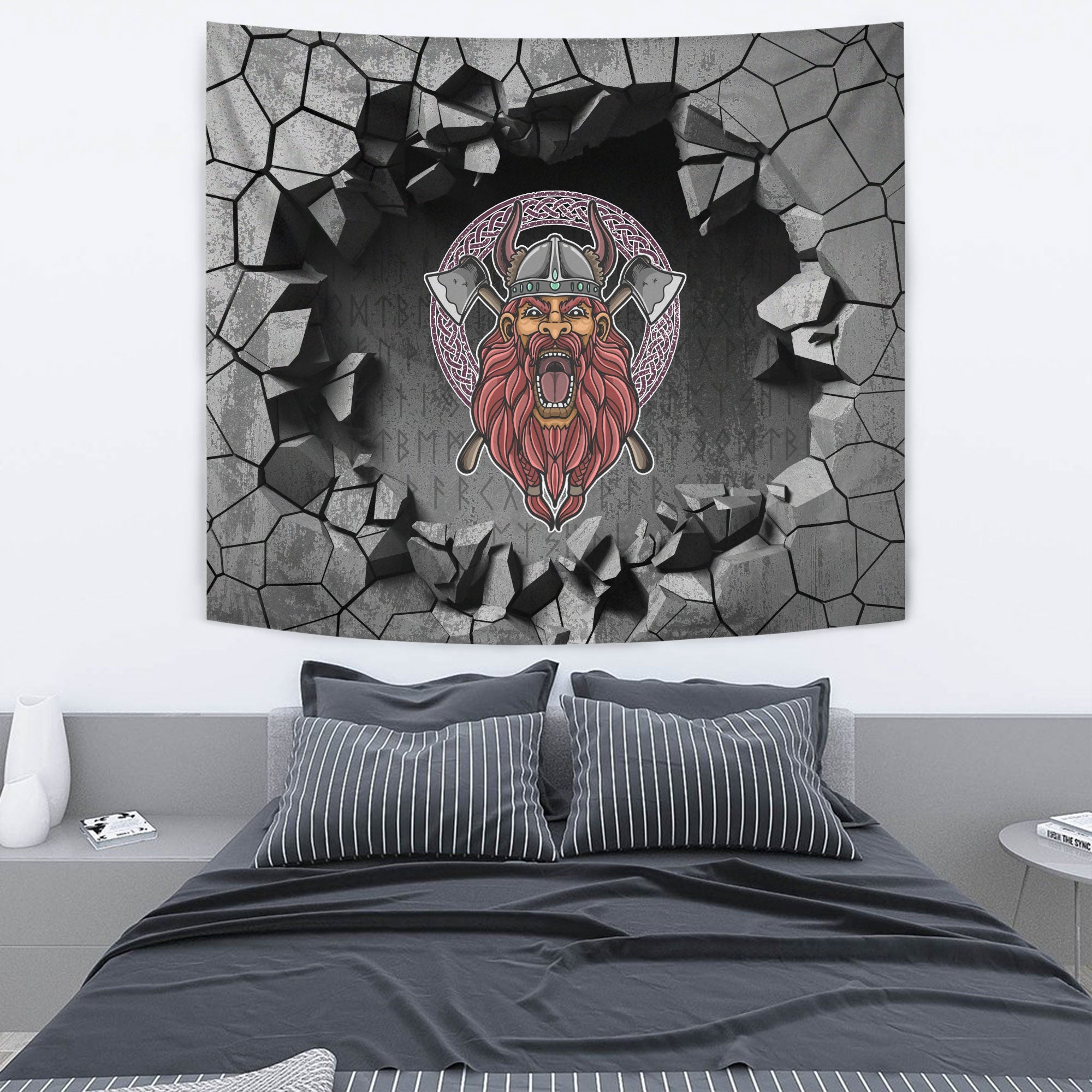 Viking Style Tapestry Barbarian Head With Cross Axe Tapestry for Wall ...