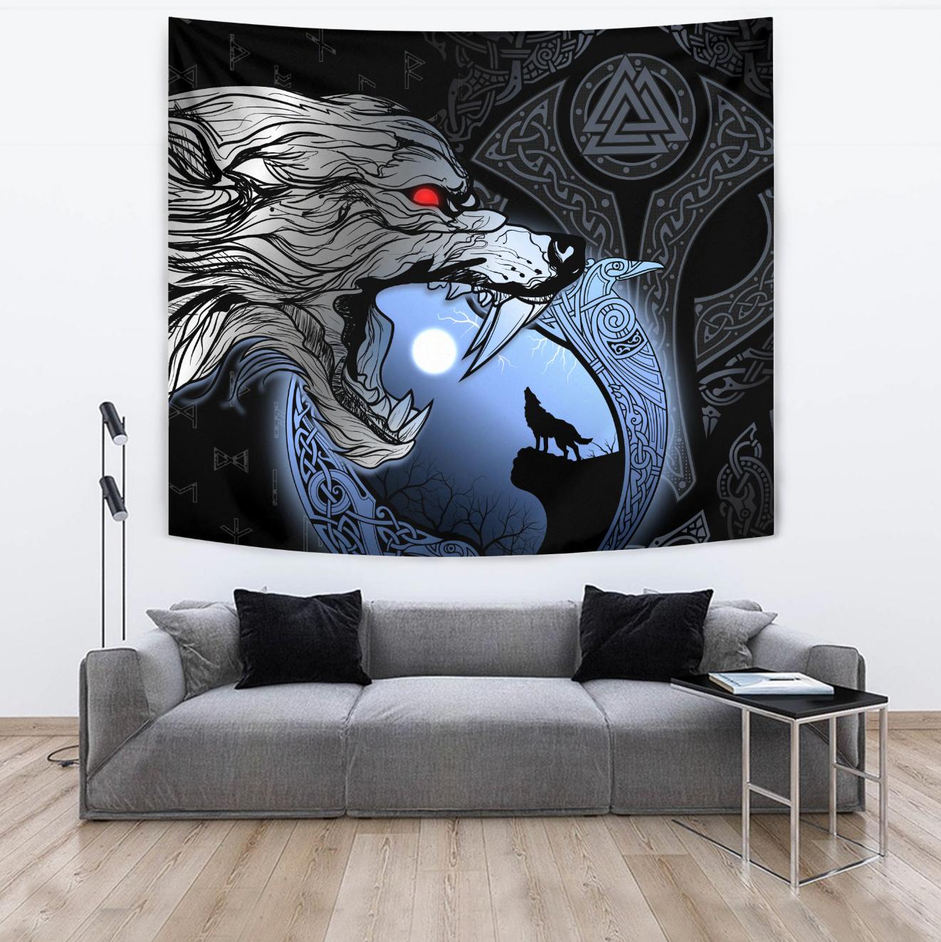 Viking Vegvisir with Ouroboros and Runes Tapestry for Wall Décor - Bluefink