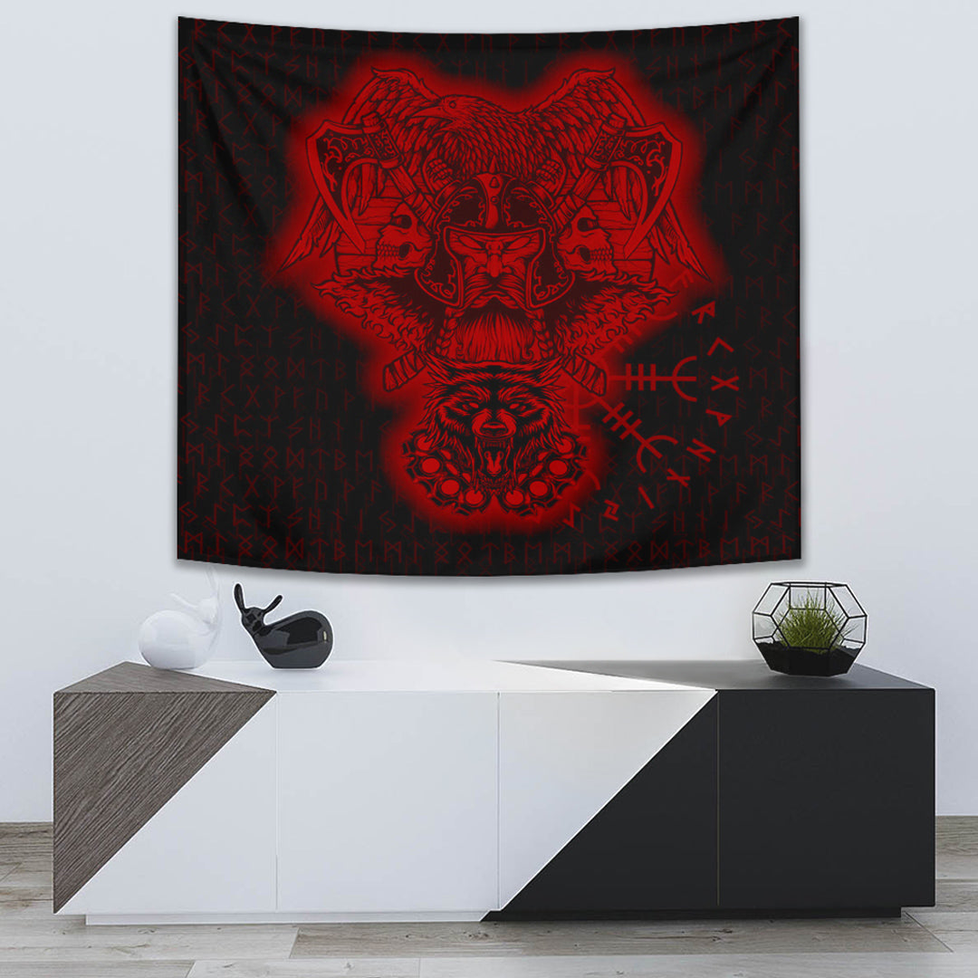 VikingStyle Tapestry Odin And Raven Wolf Red Viking Homeset Tapestry ...