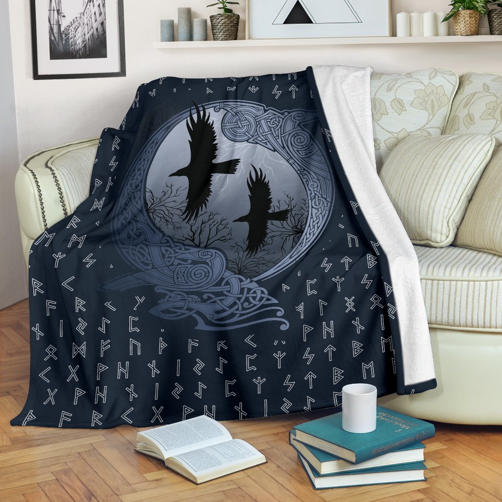 Viking Style Raven and Old Runes Blanket - Bluefink