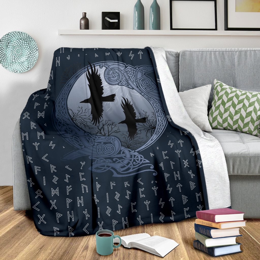 Viking Style Raven and Old Runes Blanket - Bluefink