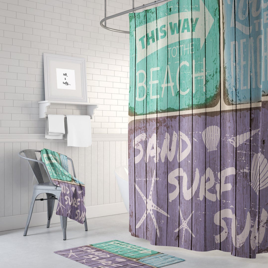 Beach Sign Shower Curtain Rustic Coastal Decor, Bath Mat, Bath Towels ...