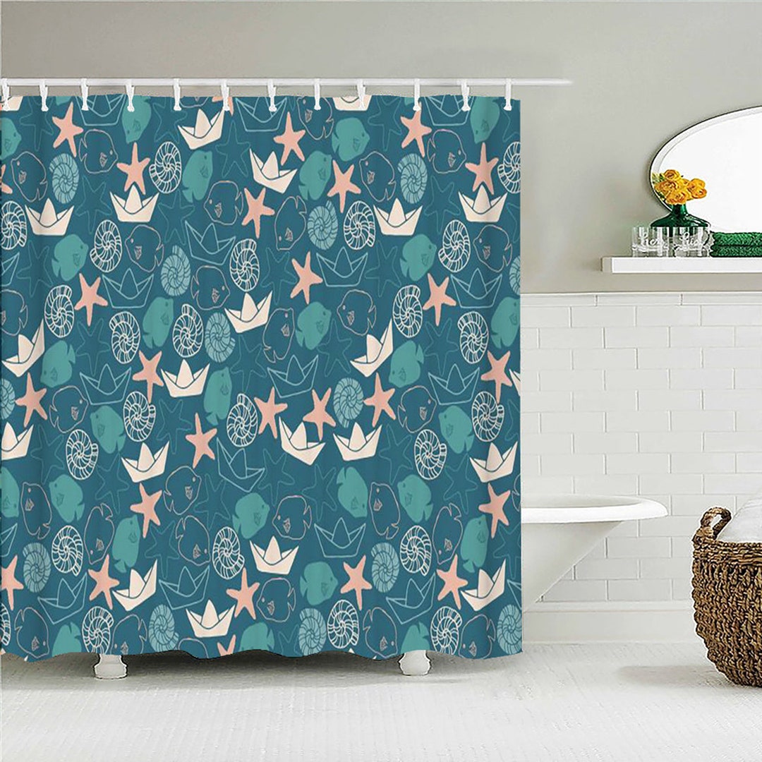 Blue Seashell In The Ocean Shower Curtain, Corals Starfish Ship Beach ...