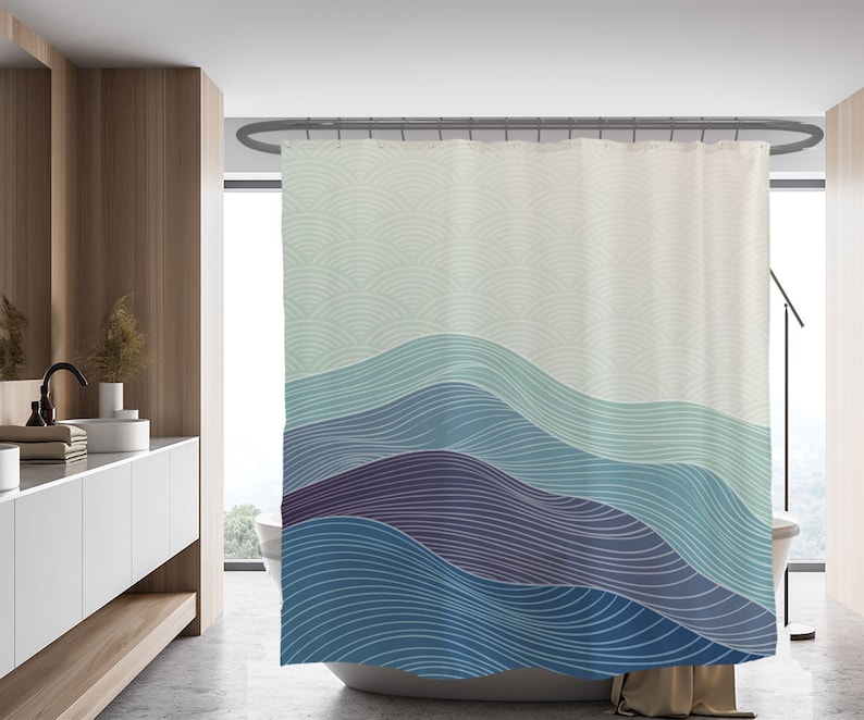 Blue Wave Shower Curtain Gradient Color, Hill Mountain Curve Art - Bluefink