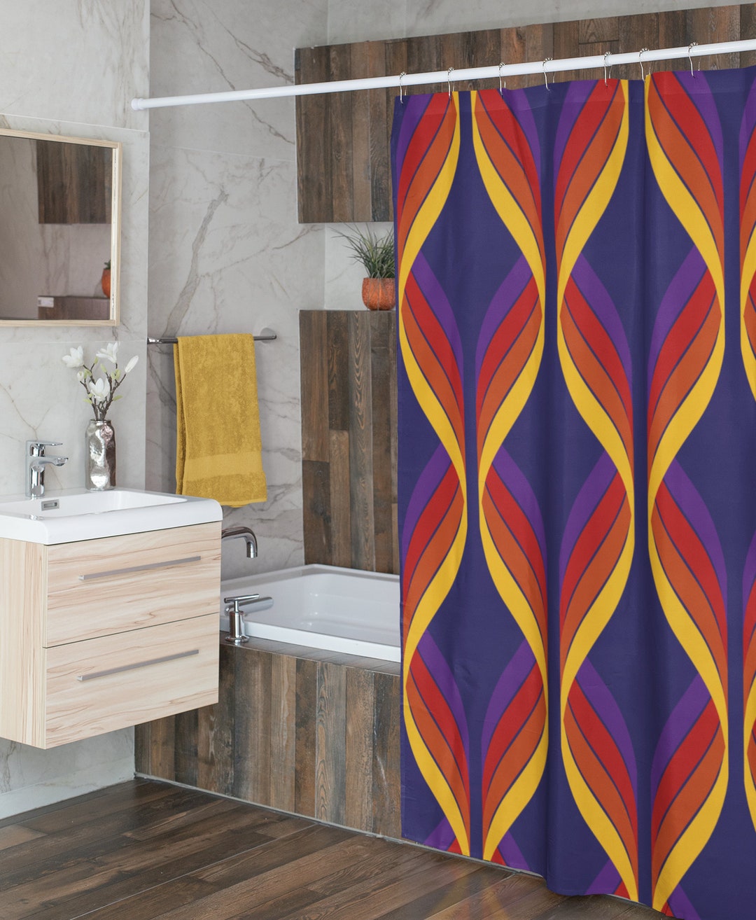 Custom Geometric Retro Shower Curtain For 60's 70's Hippie Bathroom ...