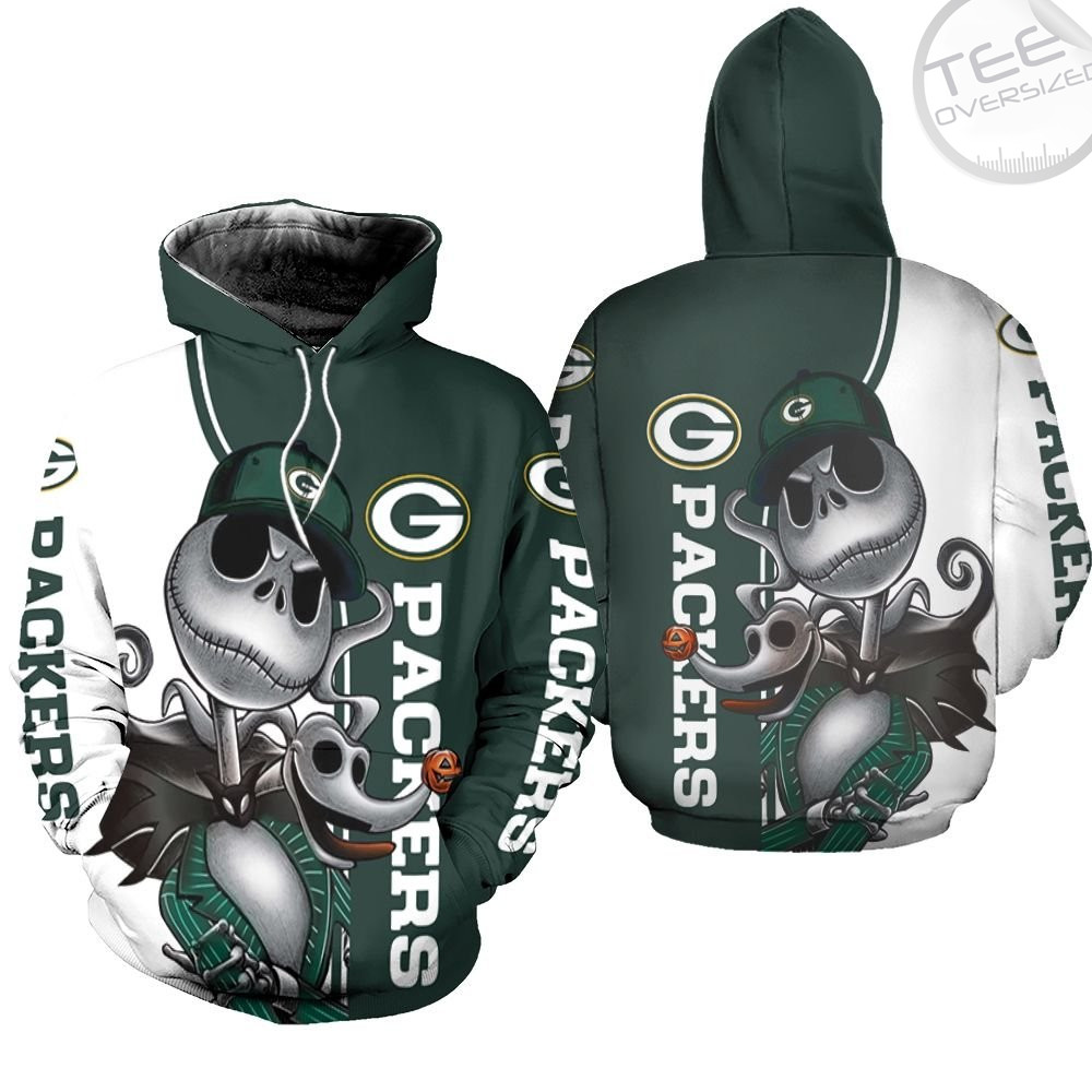 Green Bay Packers Jack Skellington And Zero 3D Hoodie - Bluefink