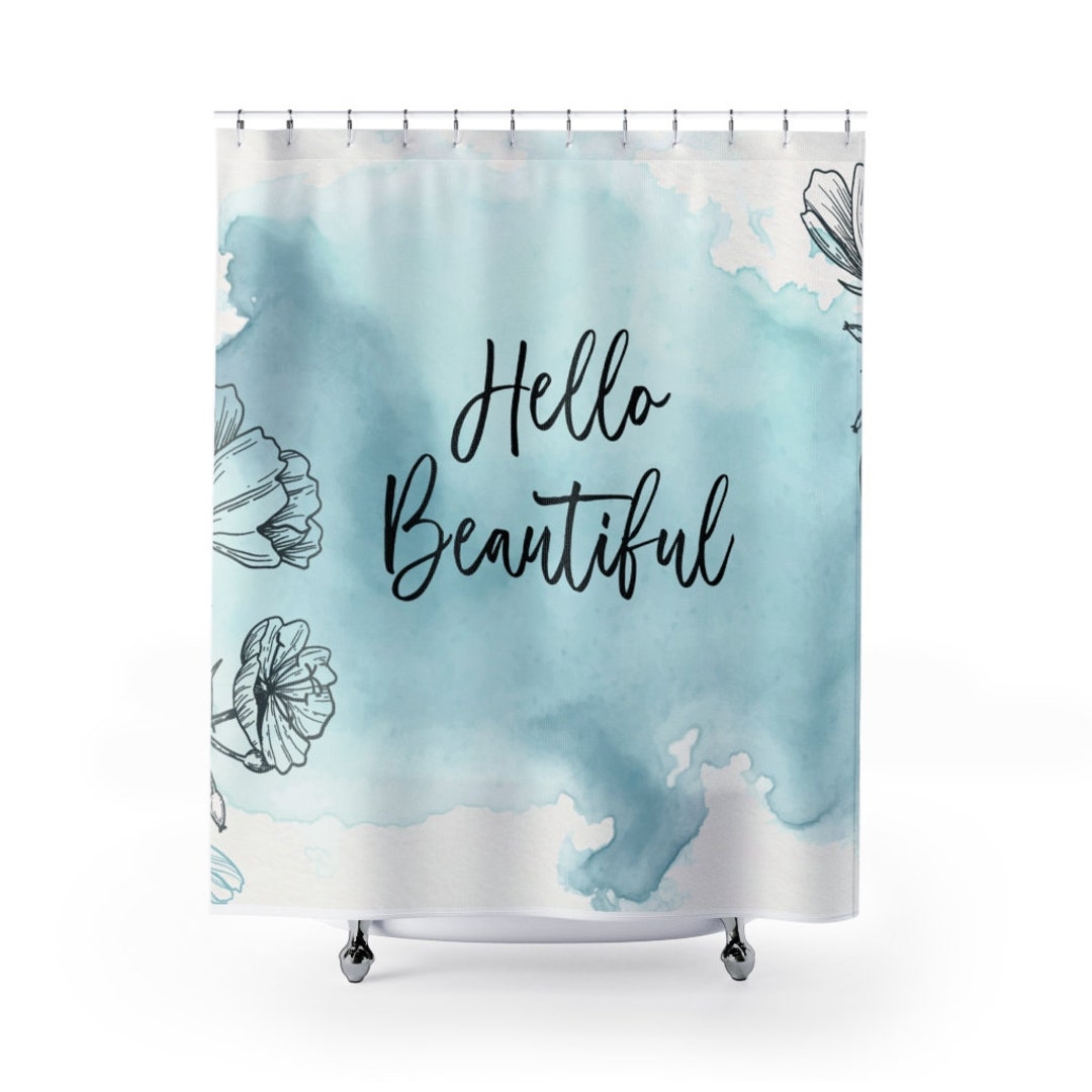 Hello Beautiful Shower Curtain, Blue Watercolor Bath Curtain, Line Art ...