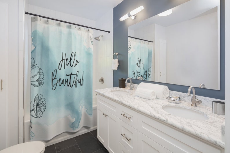 Hello Beautiful Shower Curtain, Blue Watercolor Bath Curtain, Line Art ...