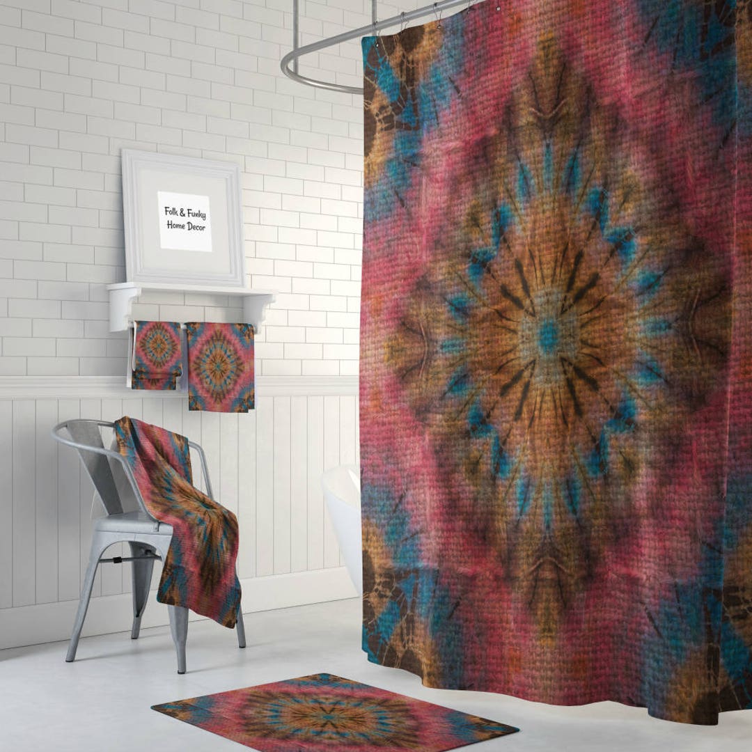 Hippie Faux Tie Dye Shower Curtain Optional Bath Mat Bathroom - Bluefink