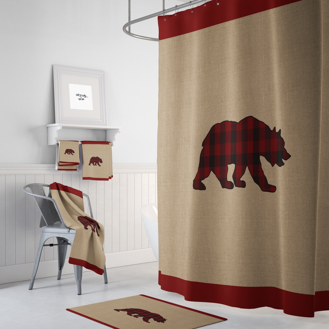 Lumberjack Plaid Bear Shower Curtain, Woodland Lodge Home Decor - Bluefink