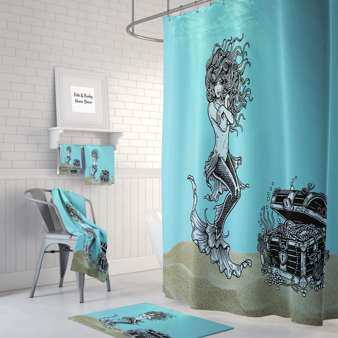 Mermaid Shower Curtain Optional Bath Bathroom, Treasure Chest, Under ...