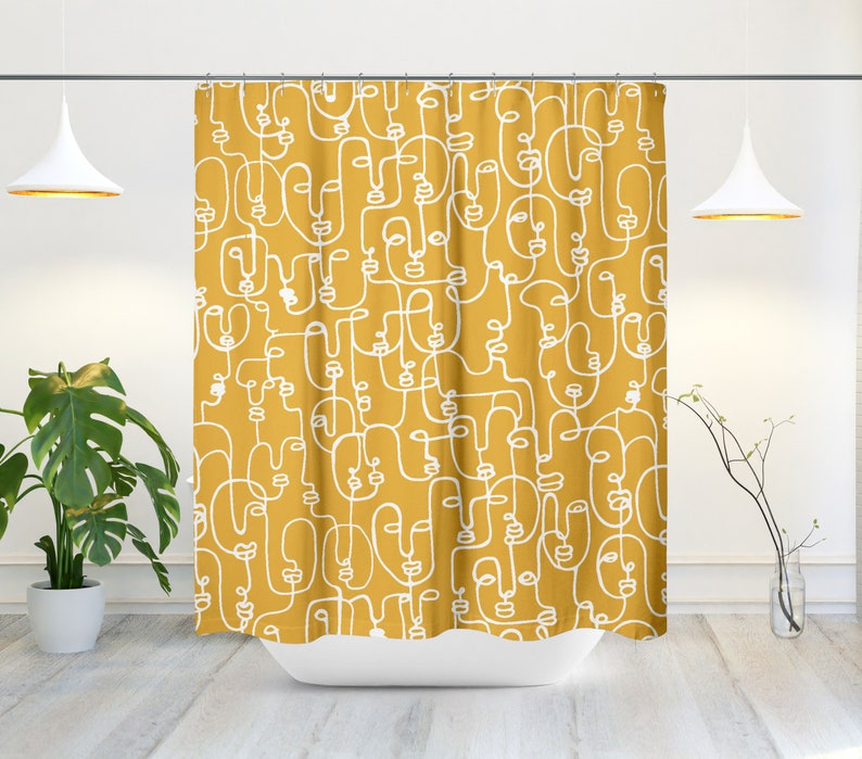 Mid Century Modern Shower Curtain Boho Bath Curtain Faces Abstract