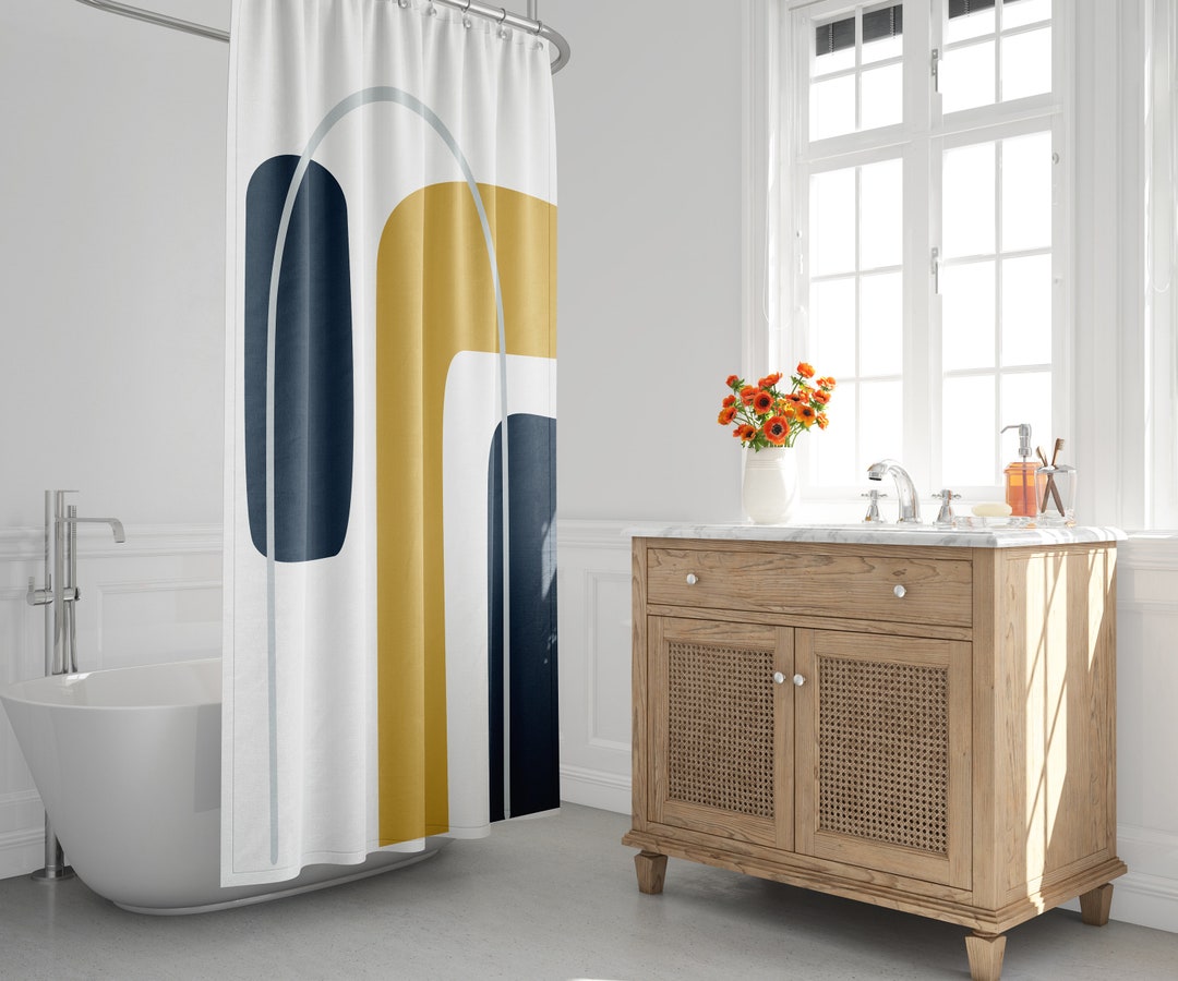 Mid-Century Modern Shower Curtain, Boho Bath Curtain, Minimalist, Abstract, Rainbow, Arch ...