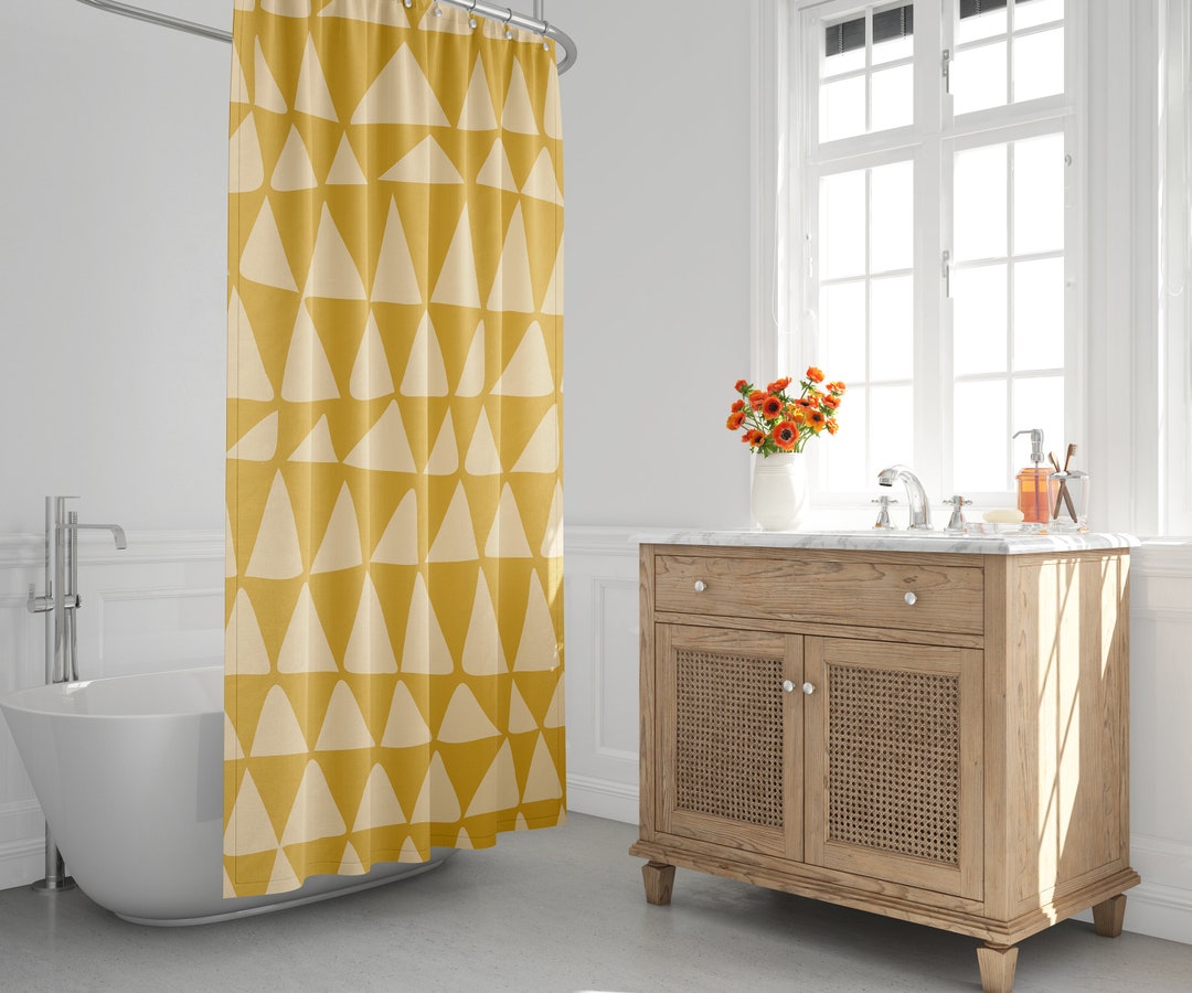 Mustard Minimalist Mid-Century Abstract Triangle Shower Curtain - Bluefink