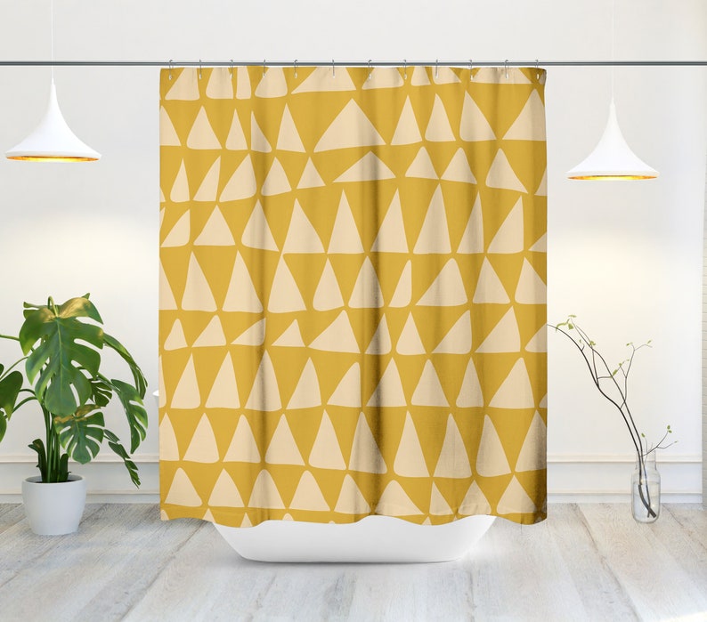 Mustard Minimalist Mid-Century Abstract Triangle Shower Curtain - Bluefink